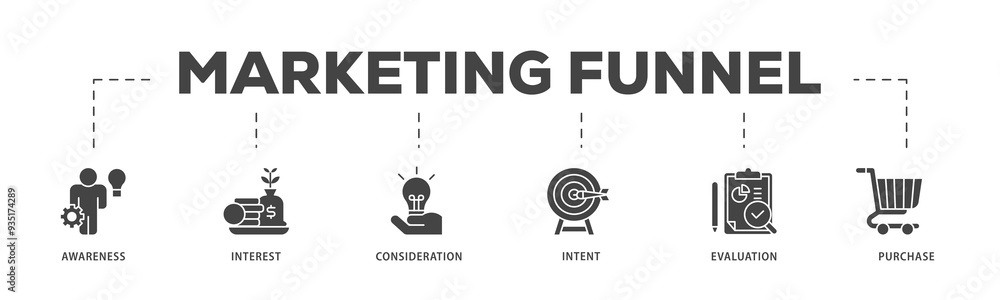 Marketing icons process structure web banner illustration of strategy ...