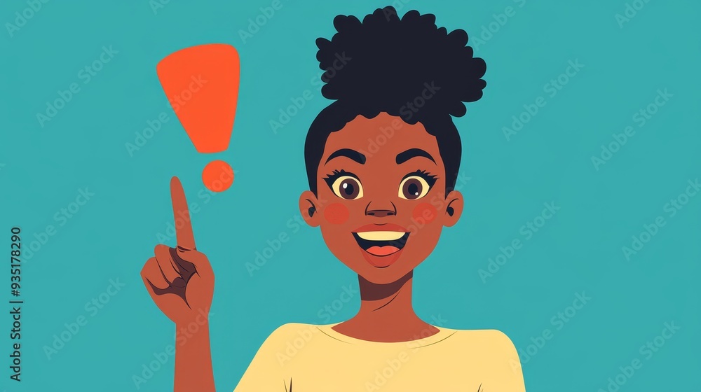 Animated woman gestures with a pointed finger upwards toward an ...