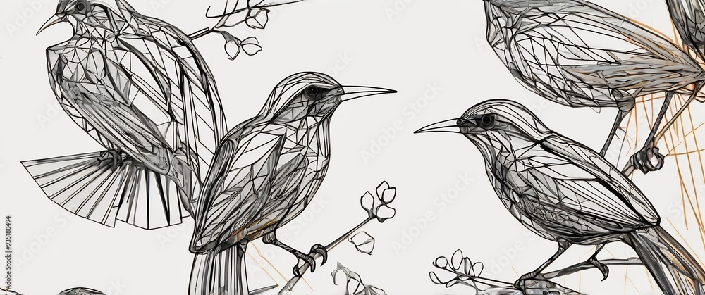 Abstract Line Art Poster Featuring Stylized Birds in Flight, With Fluid ...