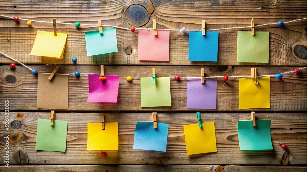 A colorful array of notes and reminders stuck to a rustic wooden board ...
