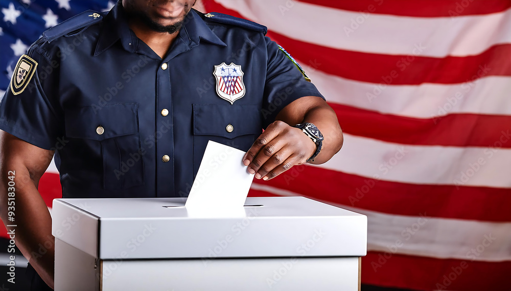 african american police officer voting ballot box us flag background ...