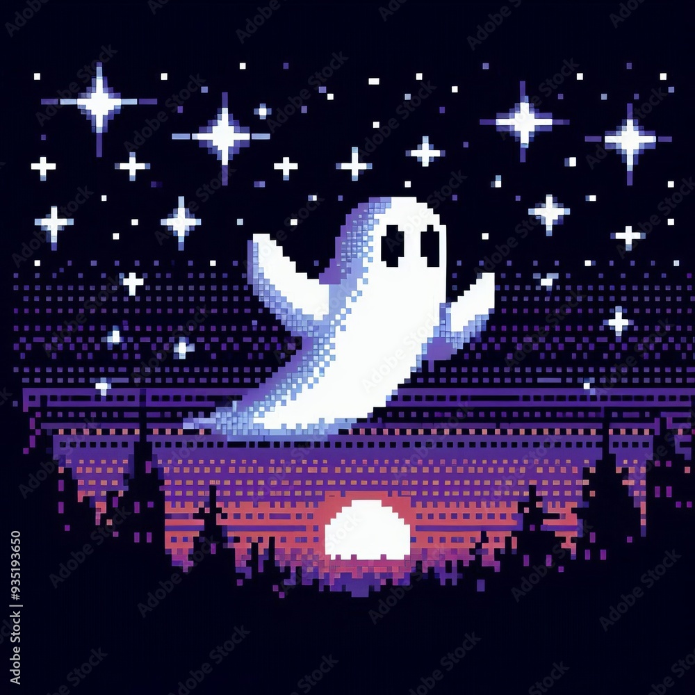 ASCII Pixel Art A pixelated ghost floats across a night sky fill Stock ...