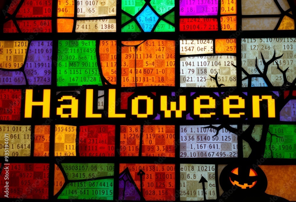 ASCII Vibrant Glass A vibrant stained glass window depicts a ser Stock ...