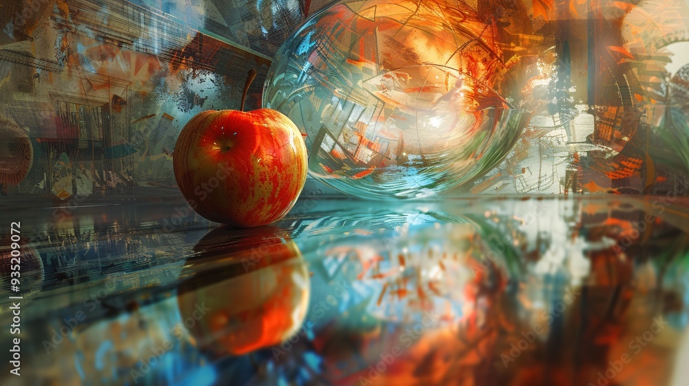 1. A surrealistic image of an apple reflecting in a mirror, with the ...