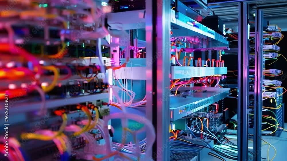 Colorful network cables and tubes connected to servers, representing ...