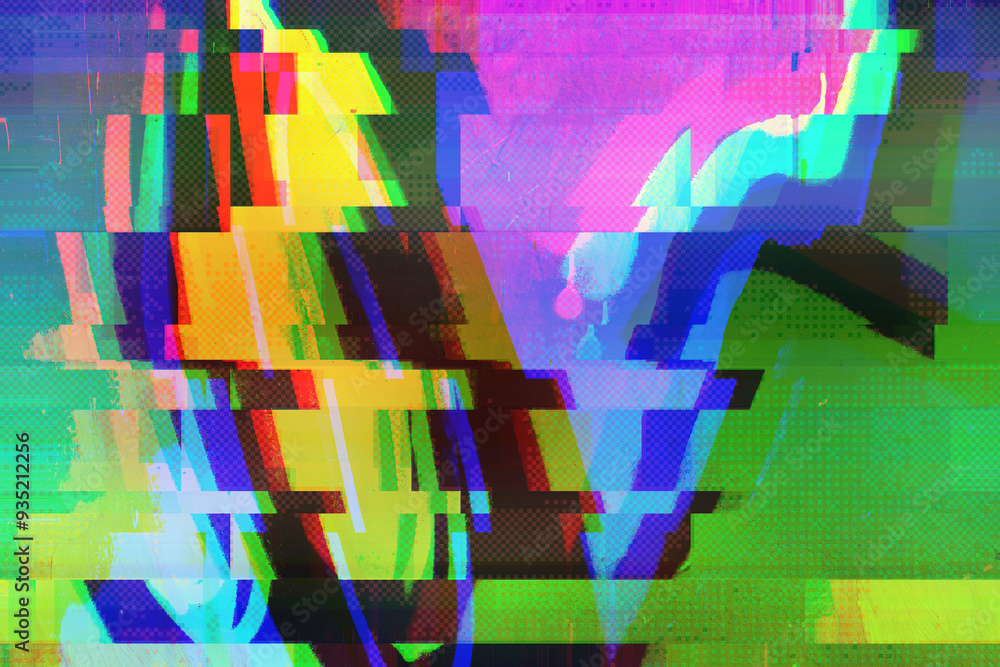 Abstract green, blue, yellow motion glitch art background. Distorted ...