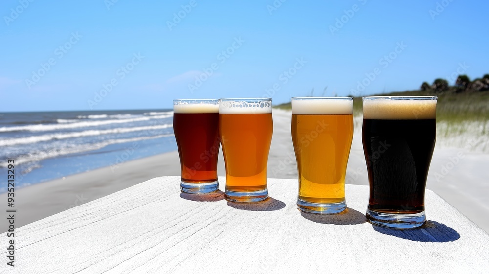 Four different types of beer are lined up on a table on a beach. The ...