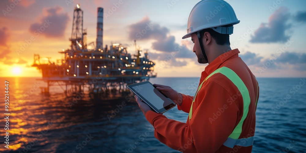 Man wearing hard hat and high-visibility jacket holding tablet on ship ...