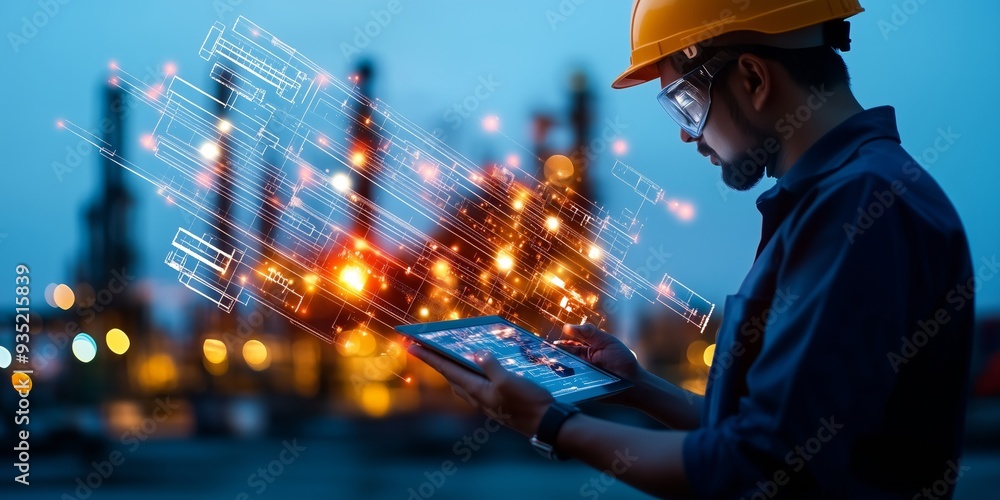 Engineer wearing hard hat and safety glasses using a tablet with ...