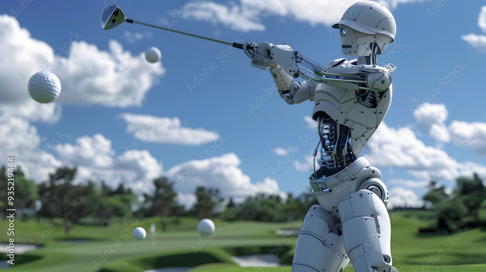 Robot Golfer Swinging Club: A robot golfer in mid-swing, sending a golf ...