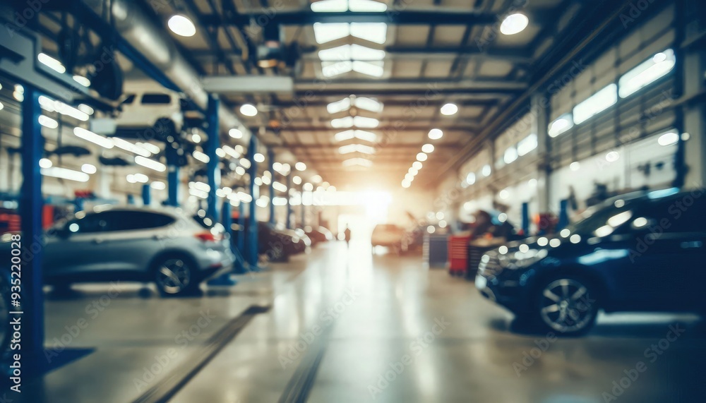 Abstract blur of a modern car garage interior, with indistinct shapes ...