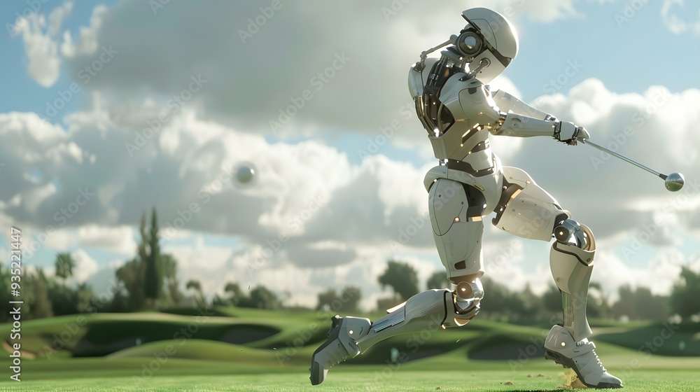 Robot Golfer Swinging Club: A robot golfer in mid-swing, sending a golf ...
