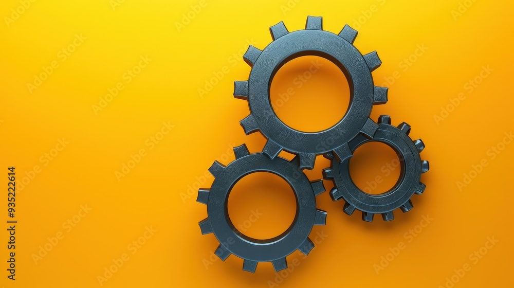 Three interlocking cogs on a vibrant yellow background, symbolizing ...