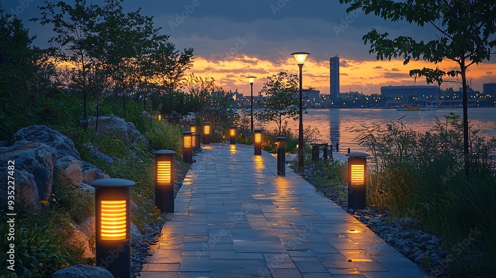 Solar-powered streetlights lining a modern pedestrian walkway, casting ...