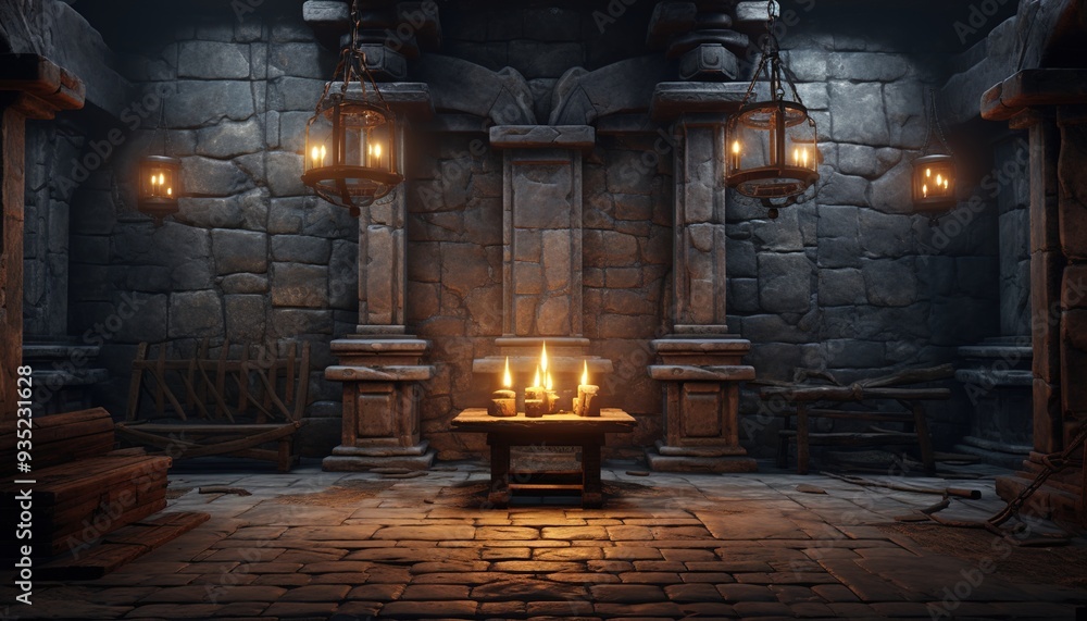 A dark dungeon cell with a single long wooden table in the center, a ...