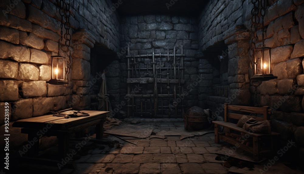 A dark dungeon cell with a single long wooden table in the center, a ...