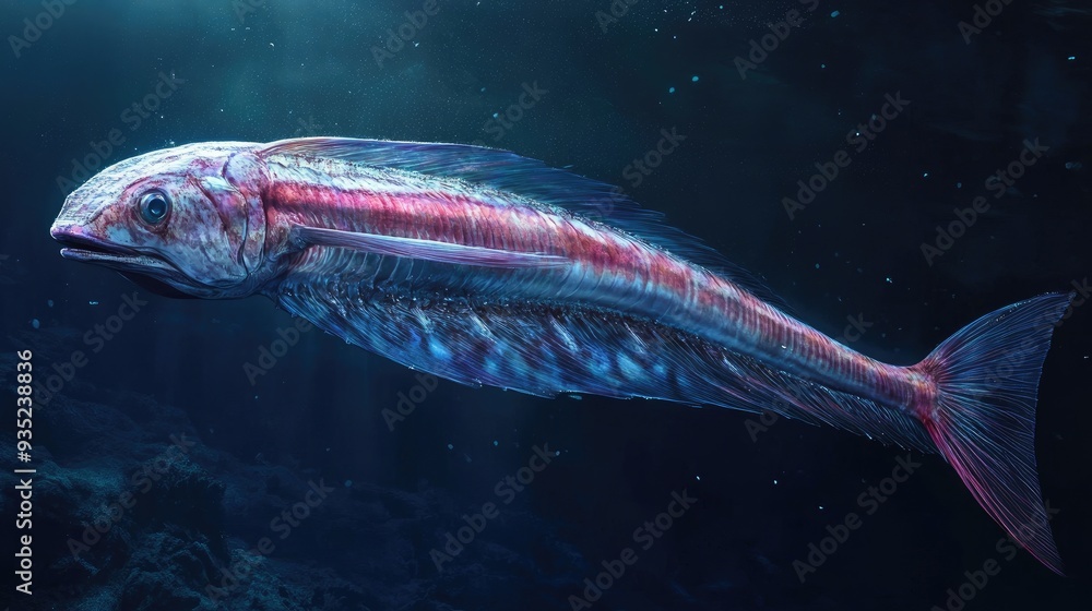 A giant oarfish, or streamer fish, swimming gracefully in the deep ...