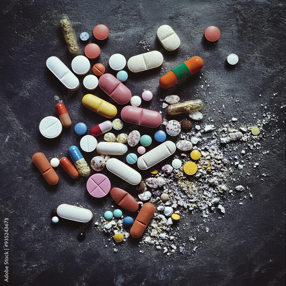 Isolated picture of various drugs, including pills, capsules, and ...