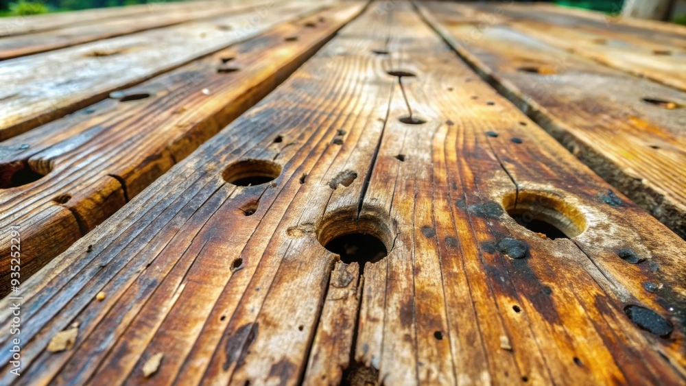 Worm-eaten wooden table with visible holes and decay , decay, wood ...
