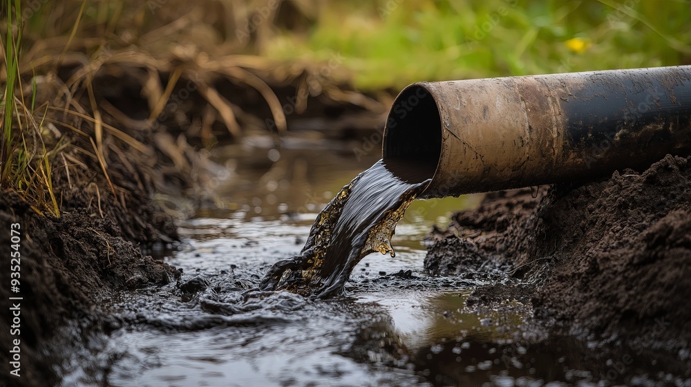 Rusty industrial pipe pouring dark, polluted water into a muddy stream ...