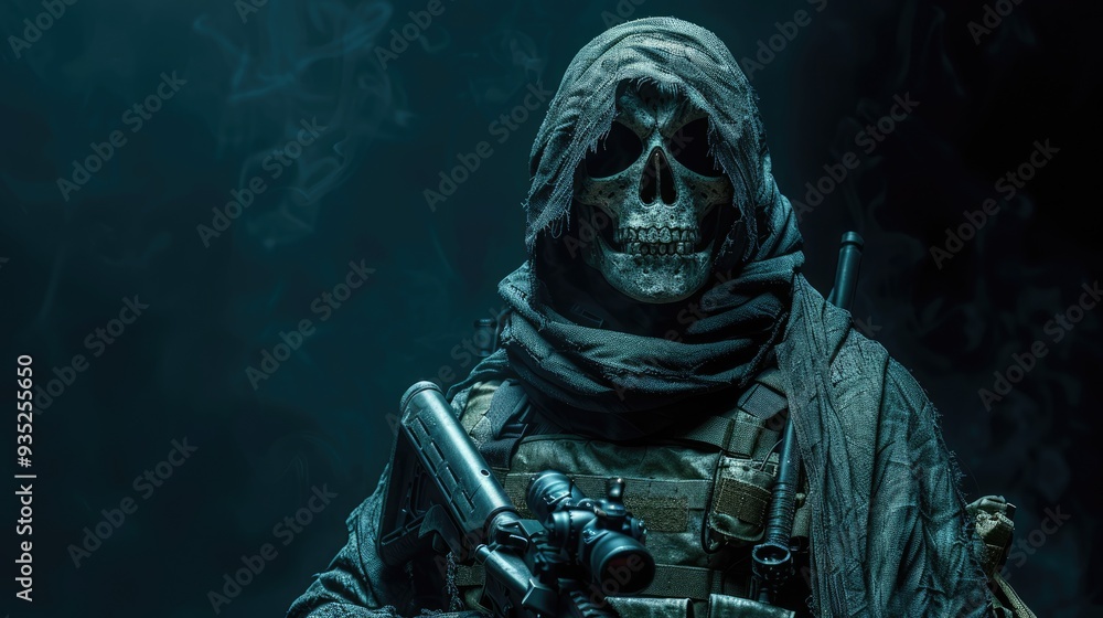 A menacing skeletal figure in a black cloak and special forces uniform ...