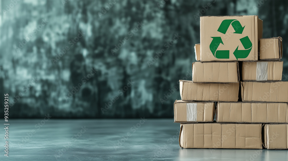 A diverse stack of paper and cardboard materials, each with a recycling ...