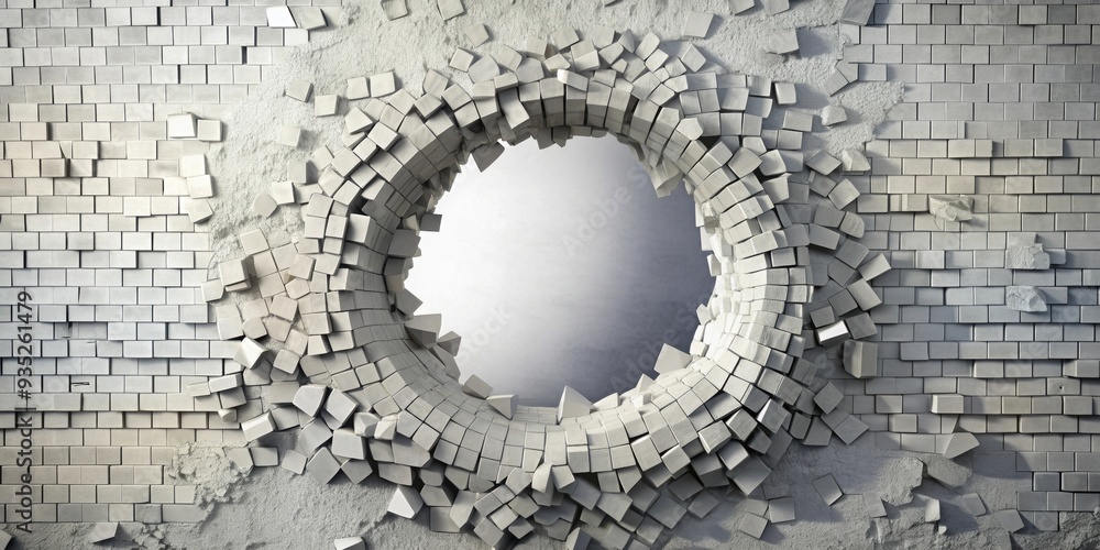 Shattered wall with circular hole , destruction, damaged, broken, ruins ...