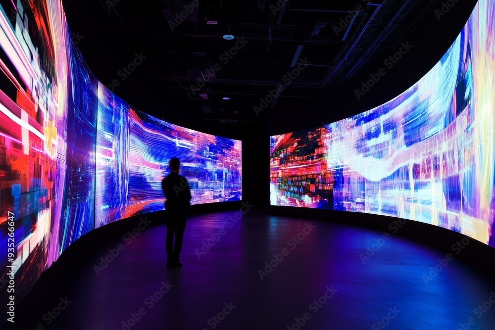A person observes a vibrant digital art display on large screens ...