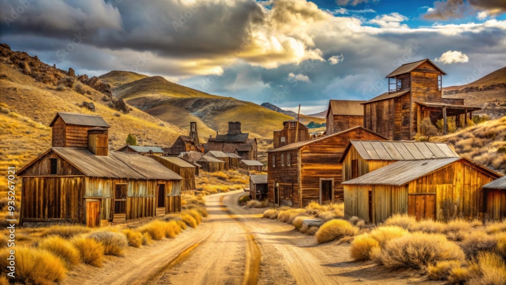 Ghost town in the wild west with abandoned gold mines, old wooden ...