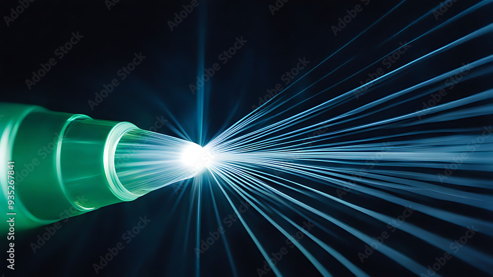 Extreme close-up of the tip of a fiber optic cable, with light rays ...