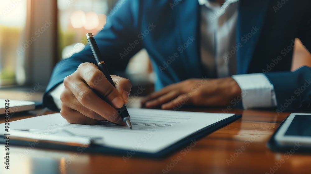 Businessman writes signing contract, designs, draws, or sketches ...