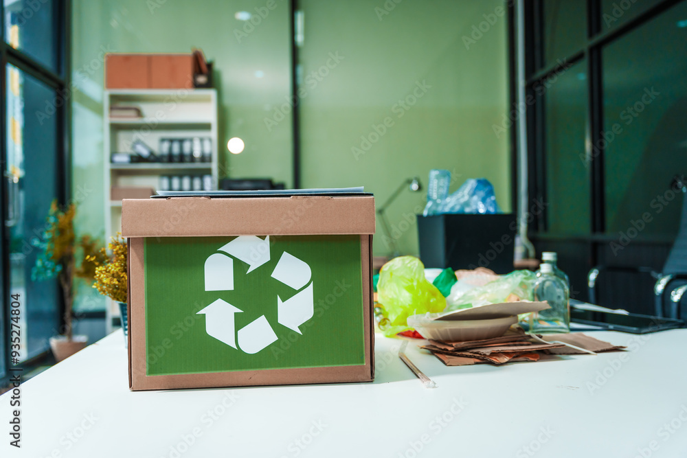 Empty desk setup for waste management, featuring bins for separating ...
