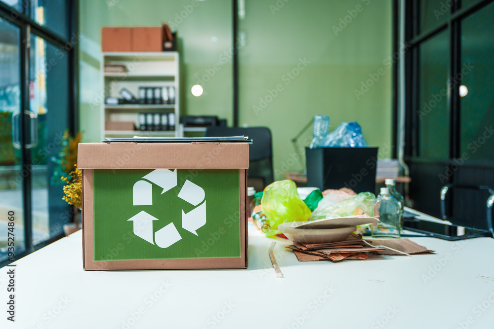 Empty desk setup for waste management, featuring bins for separating ...