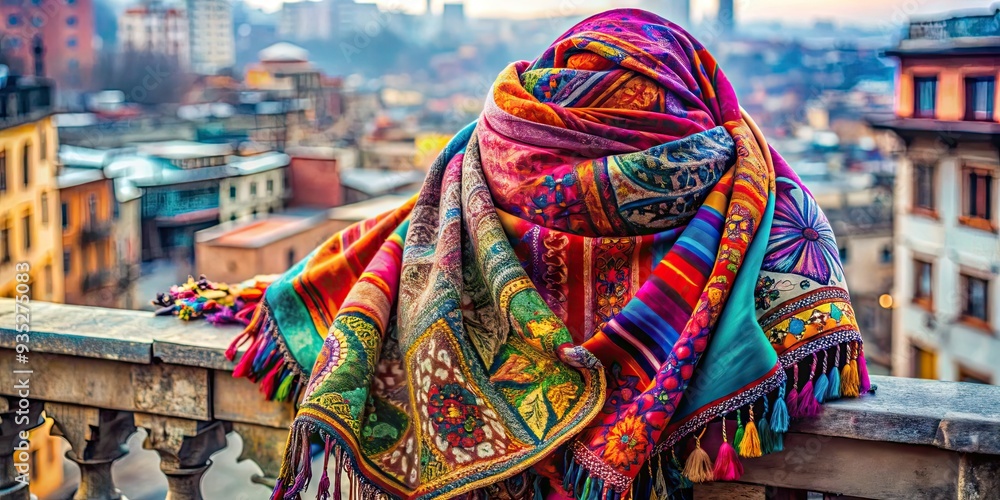 Against a muted urban backdrop, a vibrant cashmere shawl bursts with ...