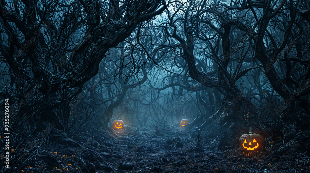 Spooky Halloween Forest with Glowing Jack-o'-Lanterns Amid Twisted Trees and Dark Fog – Eerie ...