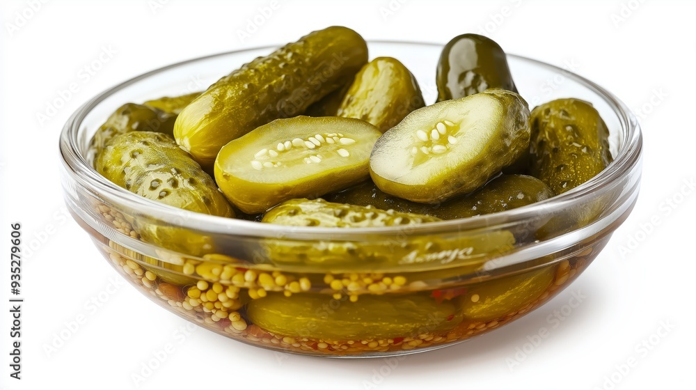 A glass bowl filled with whole and halved dill pickles, with brine and ...