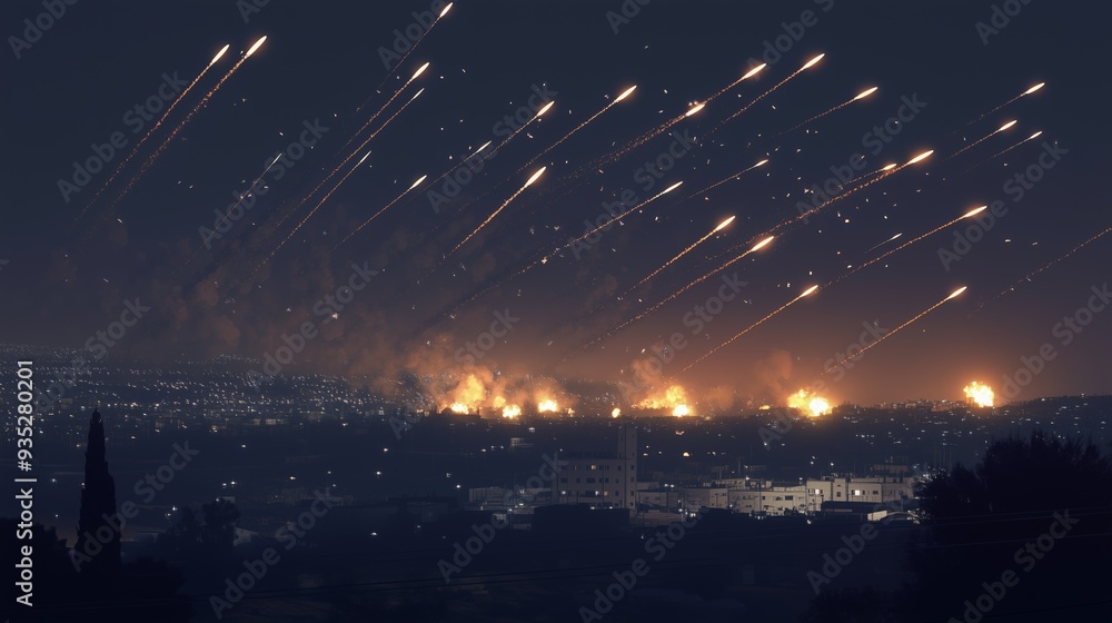 Nighttime scene showing multiple missiles and explosions over an urban ...