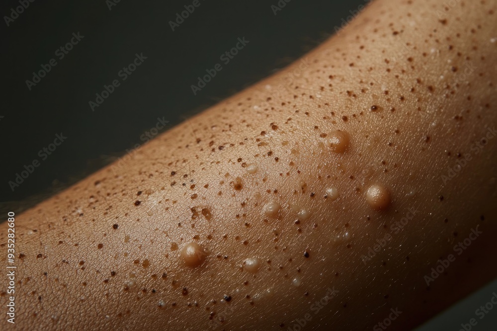 A close-up image of an adult's arm with visible signs of Monkeypox ...