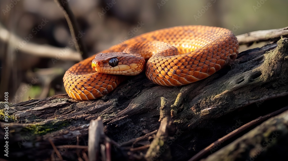 An orange female common adder (Vipera berus) basks among old twigs, her ...