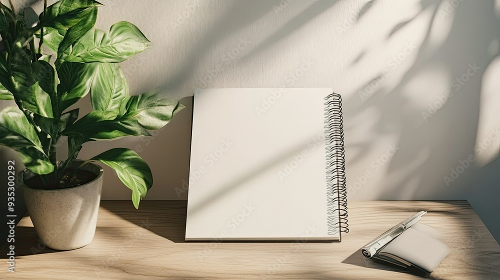 White spiral notebook lying open on a minimalist table, with a clean ...