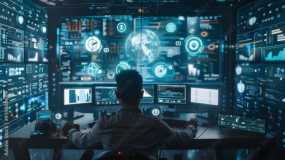 Indian Man Using Desktop Computer with Holographic Projection, Multiple ...