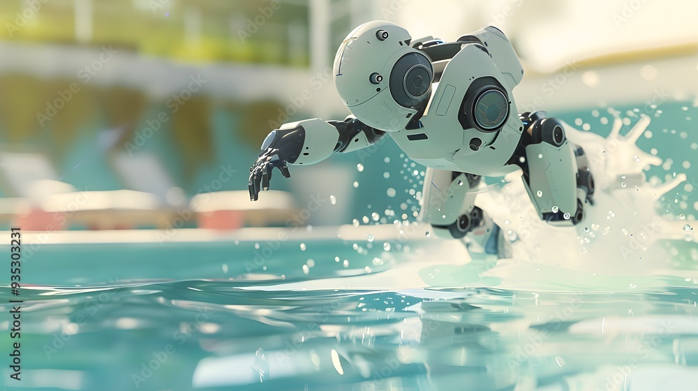 Robot Swimmer Diving into Pool: A streamlined robot diving into a pool ...