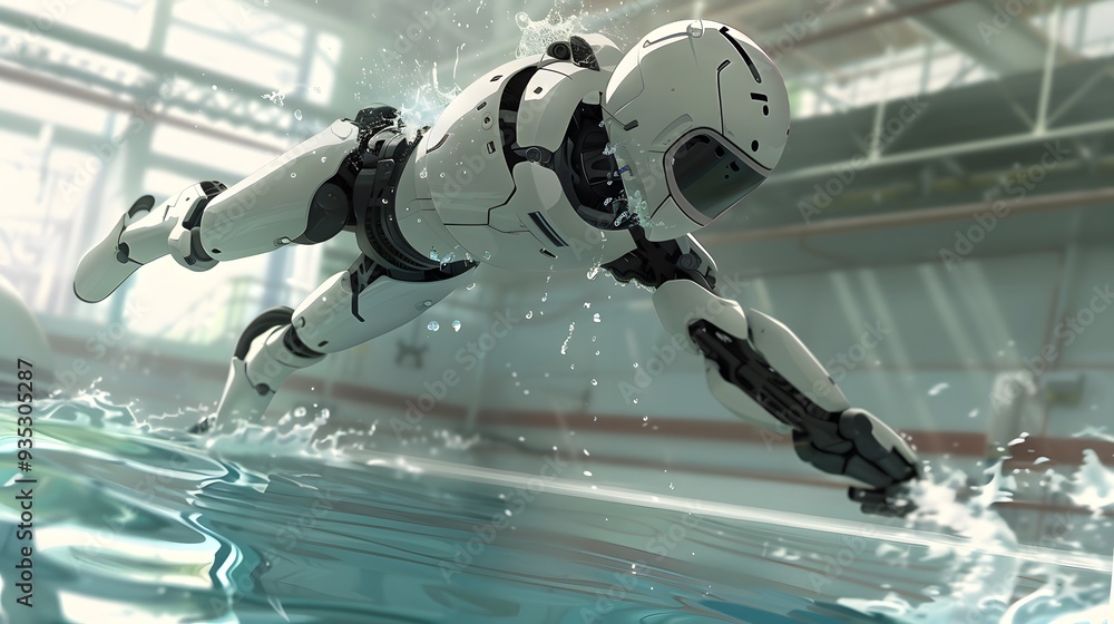 Robot Swimmer Diving into Pool: A streamlined robot diving into a pool ...