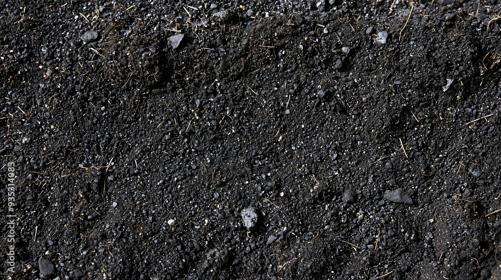 Close-up of biochar black soil texture with visible granules and ...