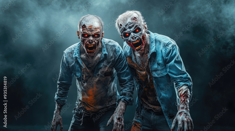 Terrifying undead duo, ghastly figures with bloodied skin and glowing ...