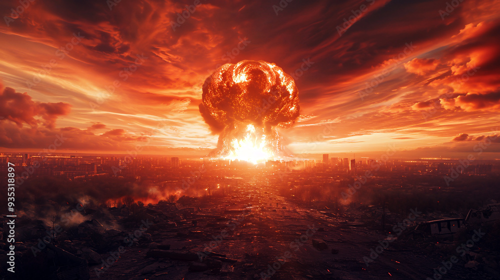 Massive nuclear explosion creating a mushroom cloud over a destroyed ...