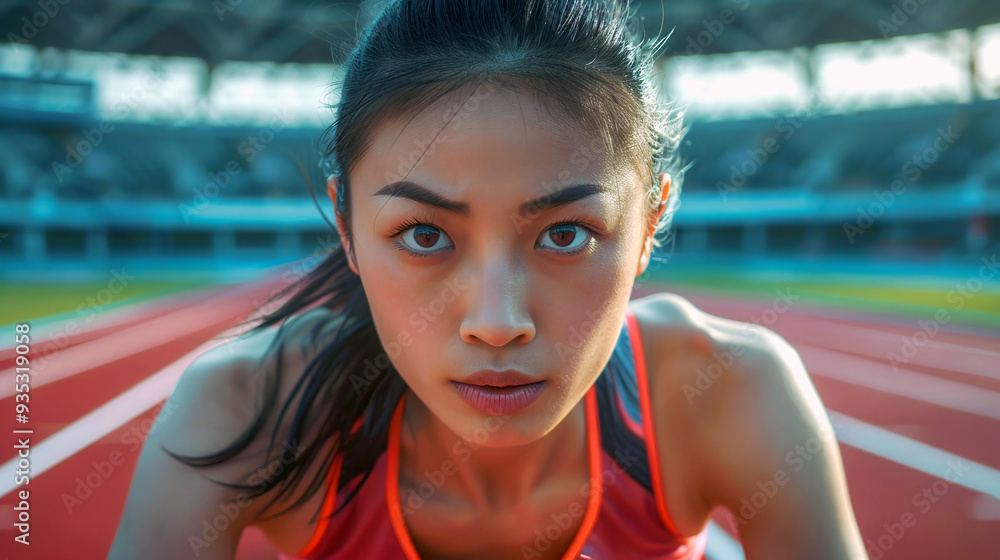 Asian woman runner training in stadium. Athlete female runner in start ...