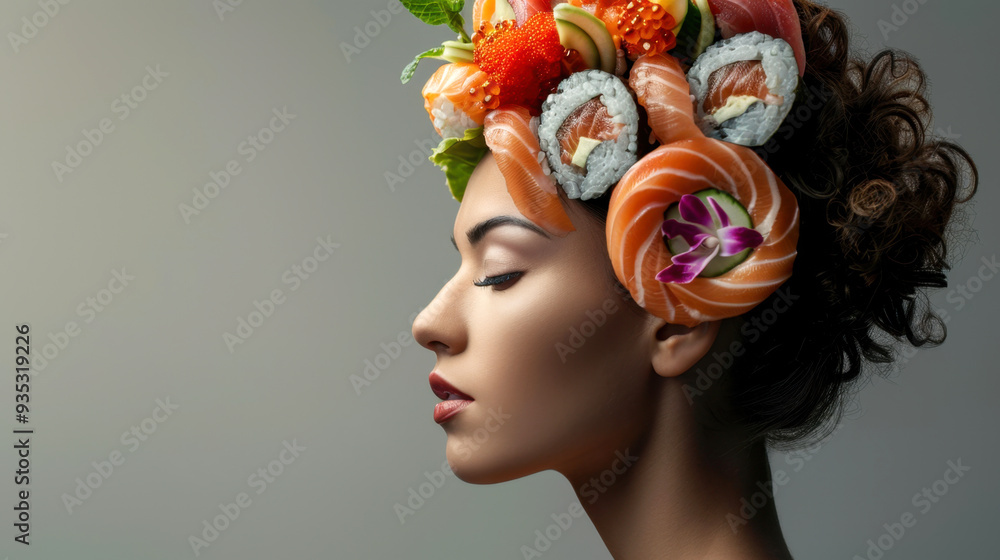 Woman with fantasy sushi hair arrangement. Young model wearing a ...