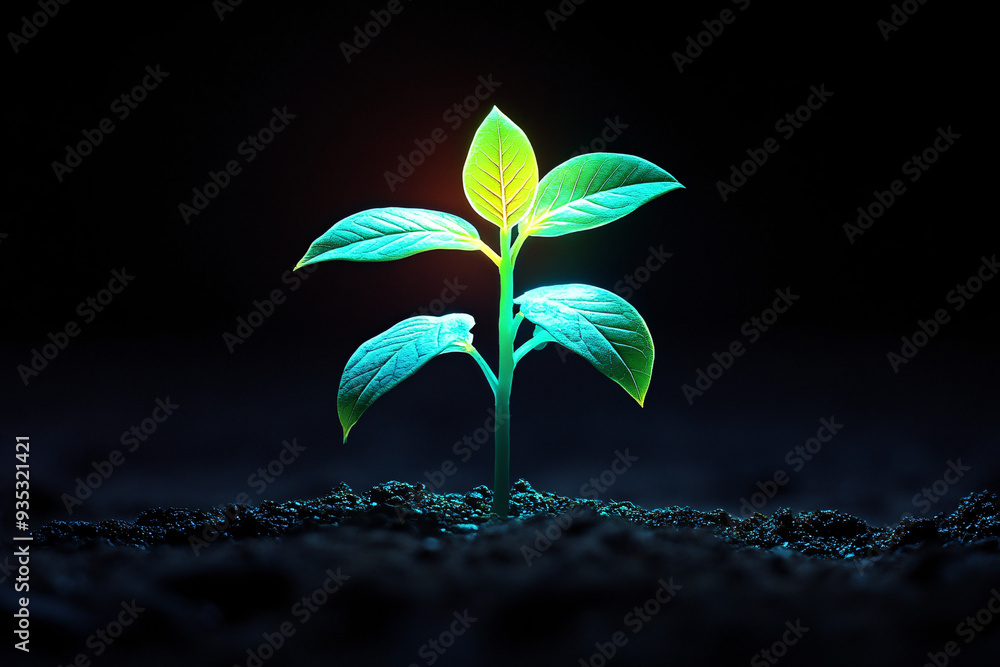 single glowing plant sprout emerges from dark soil creating a powerful ...