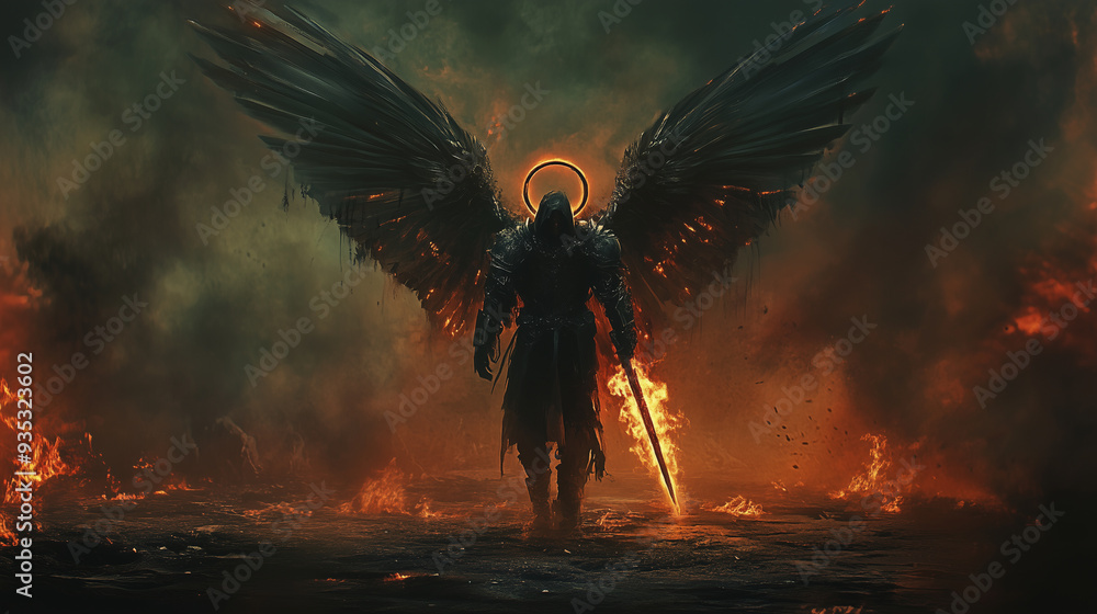 Fallen Angel: A being with tattered wings, a halo cracked and dimmed ...